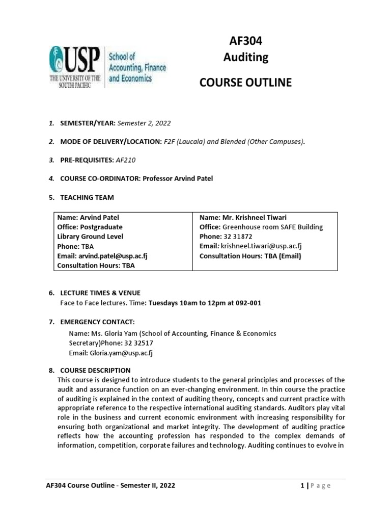 AF304 Course Outline S2 2022 | PDF | Audit | Business