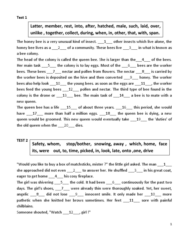 Cloze Passages - Student's Book | PDF | Honey Bee | Bees