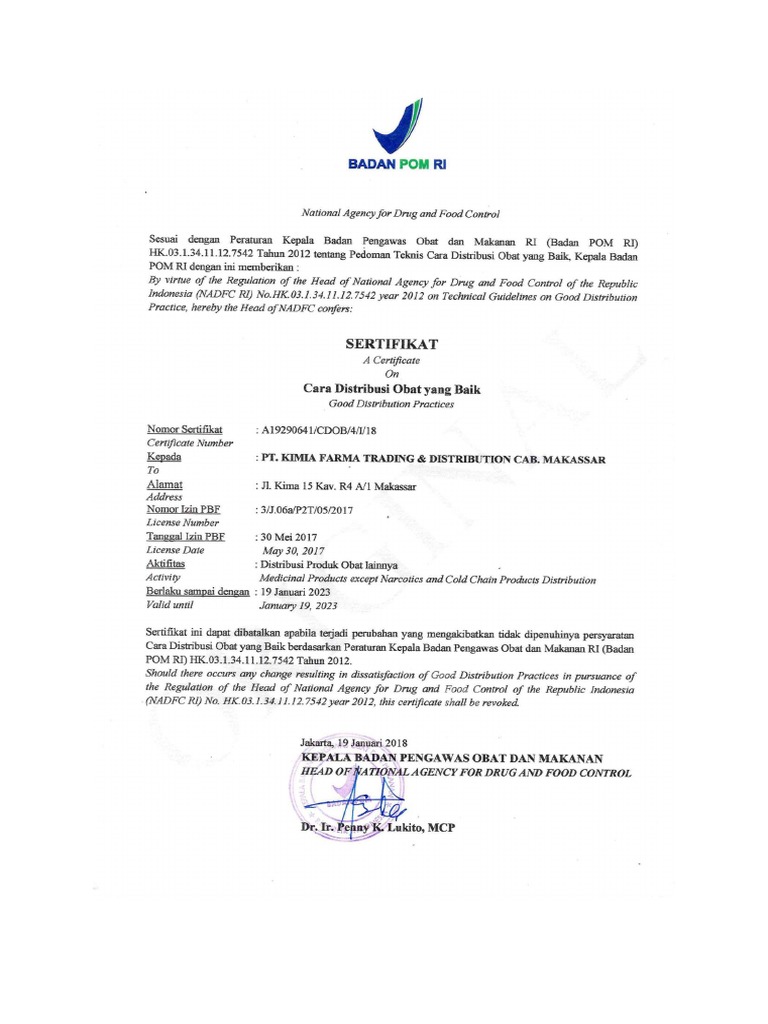 Sertifikat CDOB Obat Lain - KFTD Makassar | PDF