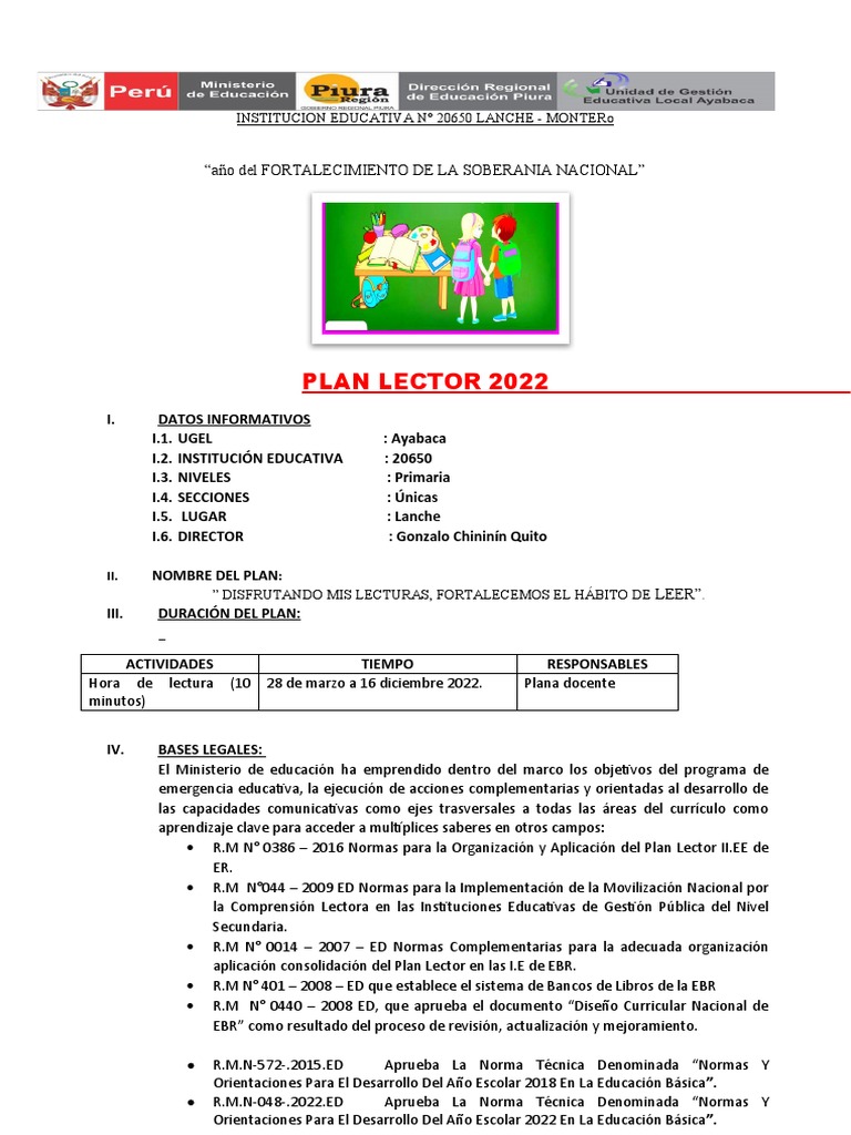 Plan Lector 4° Grado 2022 | PDF | Educación primaria | Maestros