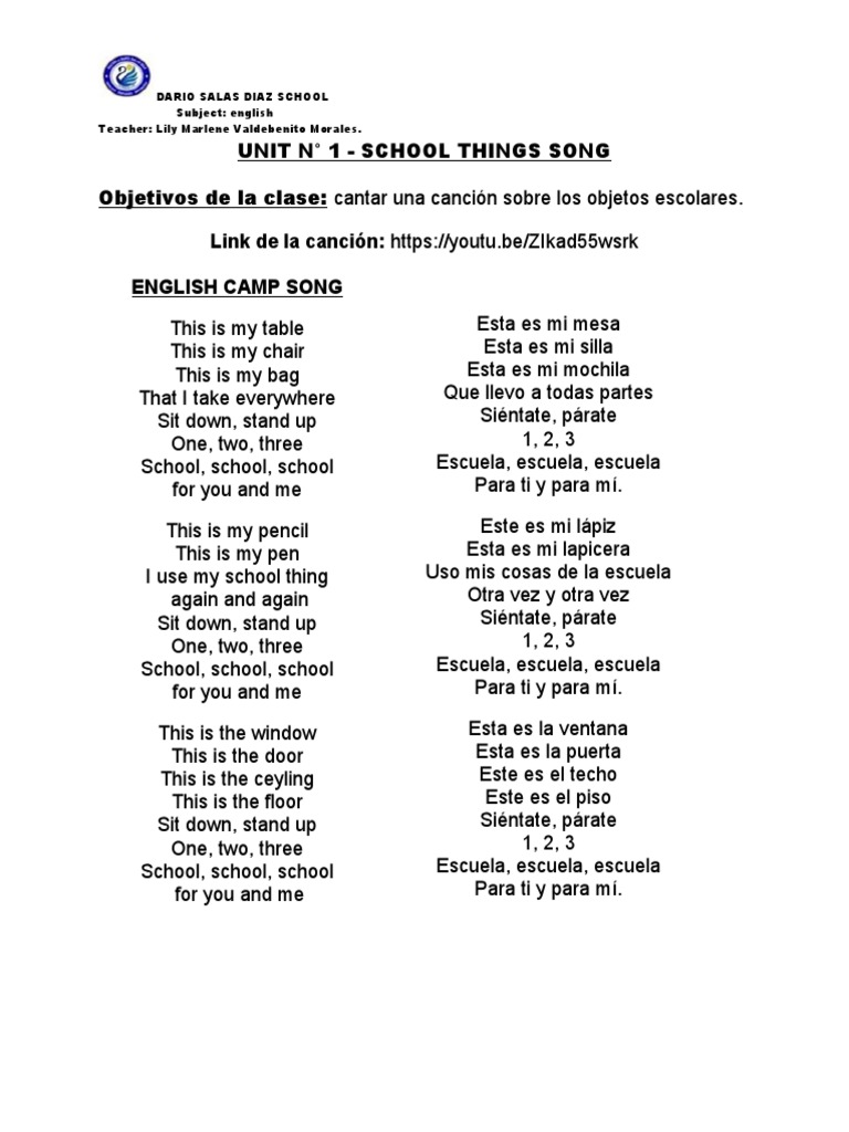 Unit 1-School Thing Song | PDF