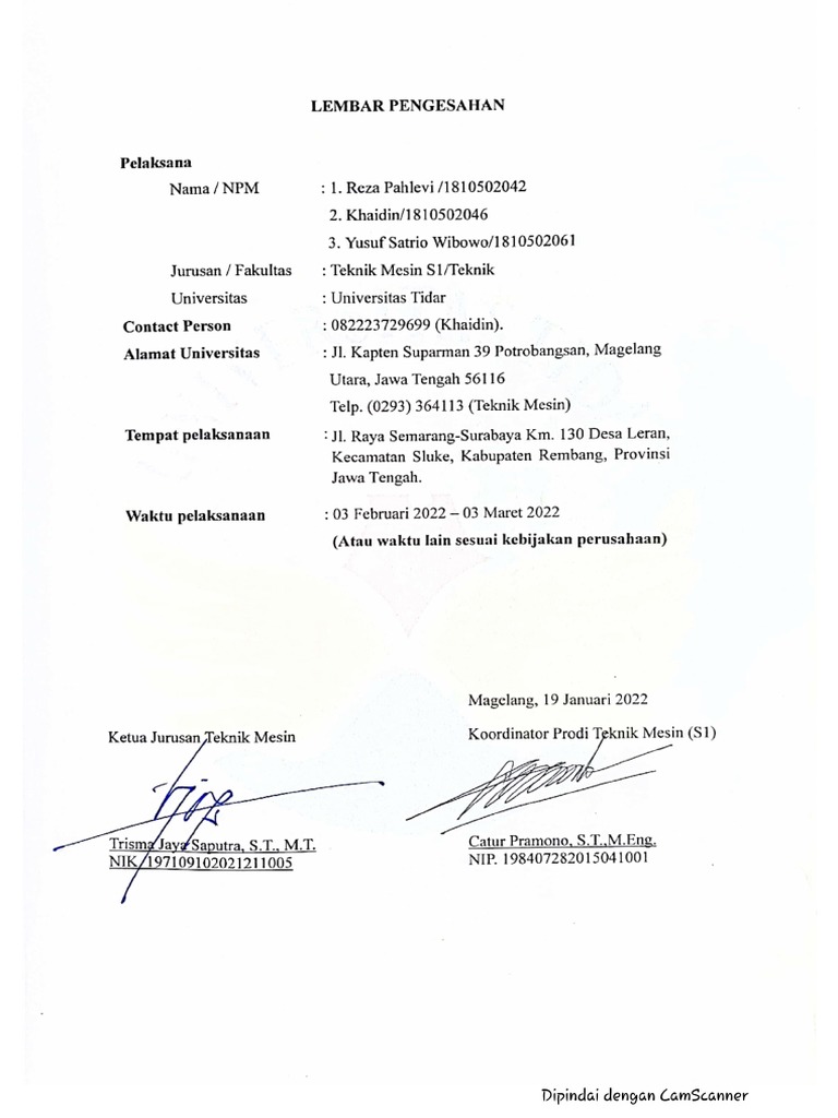 Lembar Pengesahan Kerja Praktik | PDF