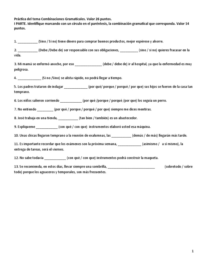 Ejercicios de Combinaciones Gramaticales | PDF