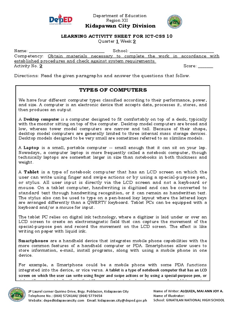 Week2 Tle G10 1Q Ict | PDF | Laptop | Tablet Computer
