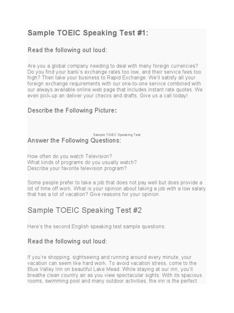 Sample TOEIC Speaking Test | PDF