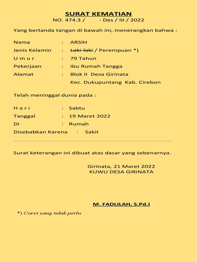Surat Kematian Desa Girinata | PDF