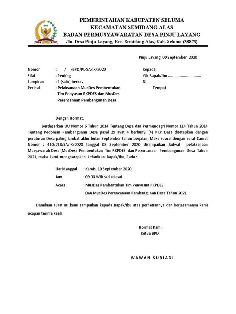 Surat Pembentukan Tim RKPDes Oleh BPD | PDF