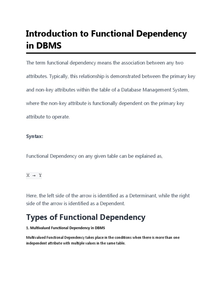 Introduction To Functional Dependency In Dbms Pdf Databases Computing