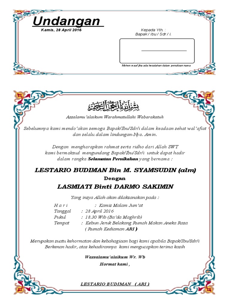 Undangan Selamatan Pernikahan | PDF