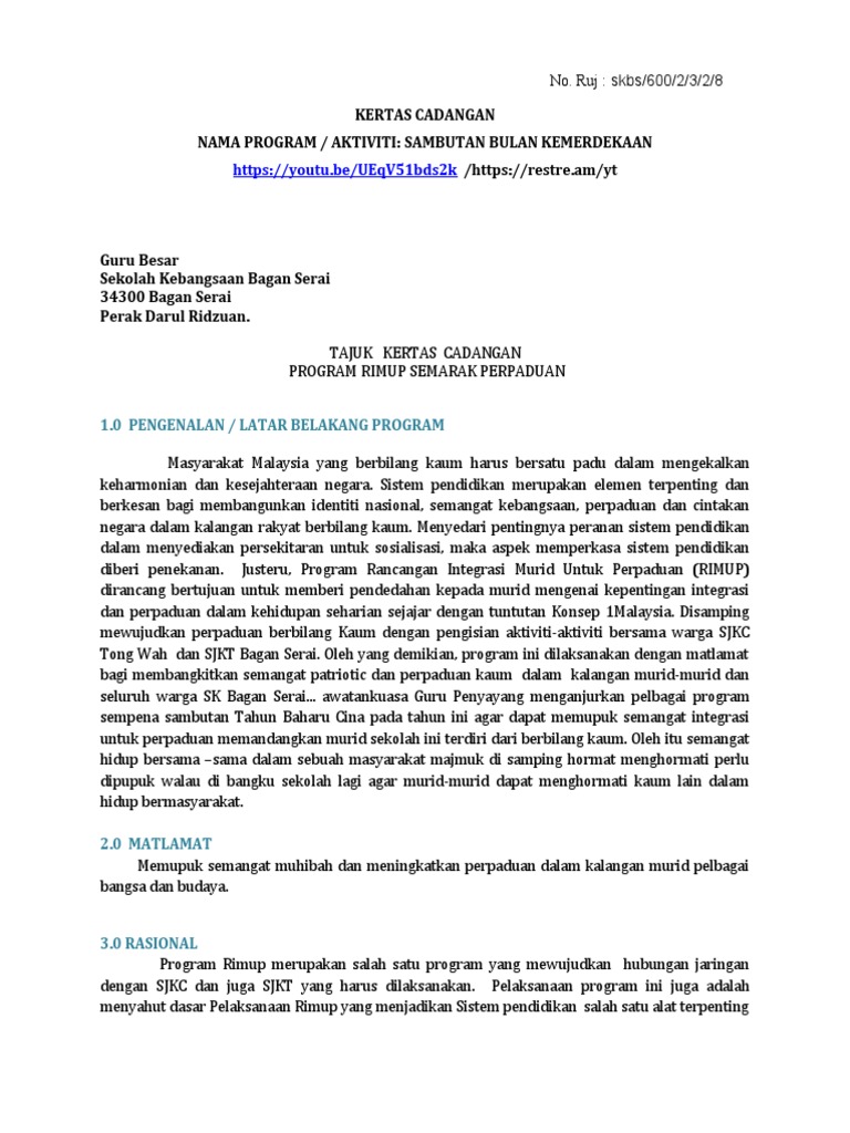 KERTAS CADANGAN Rimup Semarak Perpaduan - Kuiz SK Bagan Serai 2022 | PDF