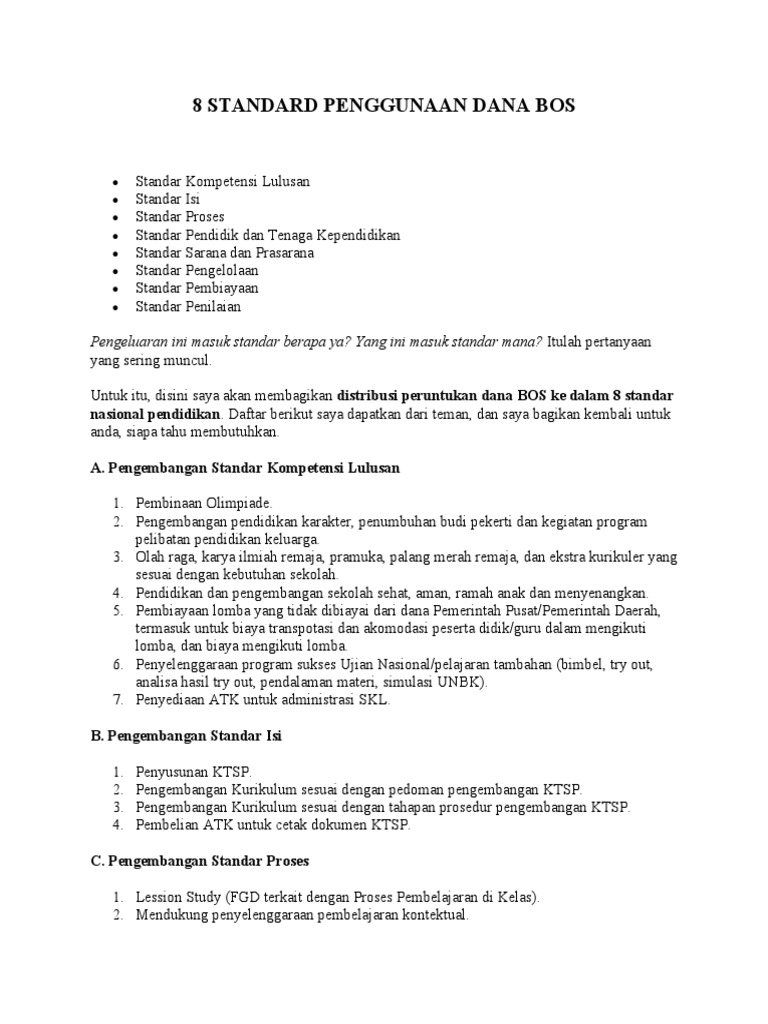 8 Standard Penggunaan Dana Bos | PDF