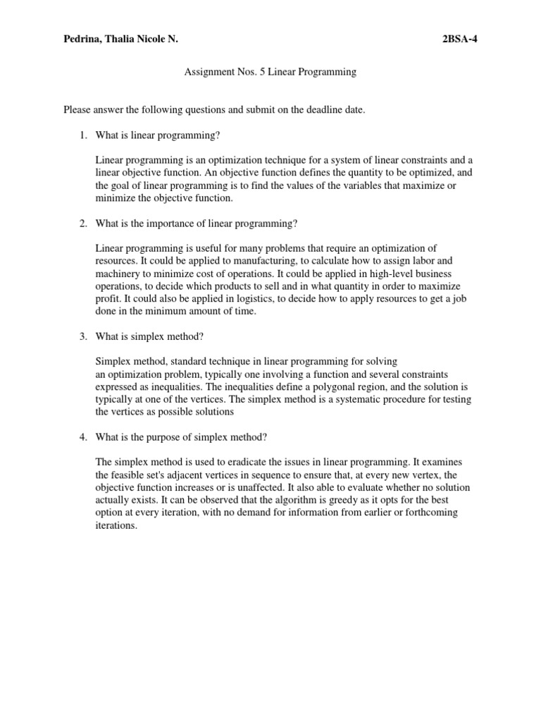 Assignment No.5 Linear Programming | PDF | Computers