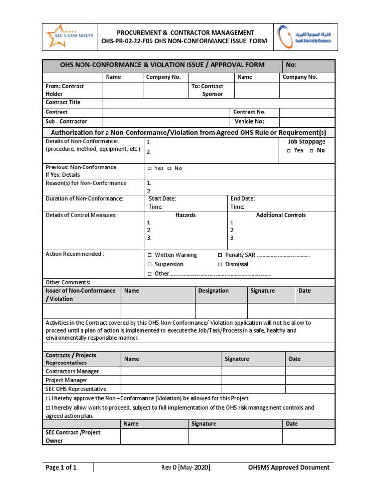 F05 Ohs Non-Conformance Issue Form | PDF | Business | Justice