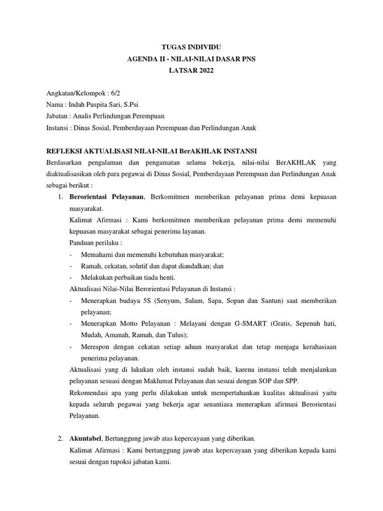 AGENDA 2 HARI 2 TUGAS INDIVIDU REFLEKSI AKTUALISASI NILAI-NILAI BerAKHLAK INSTANSI | PDF