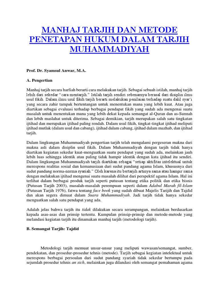 Manhaj Tarjih Dan Metode Penetapan Hukum Dalam Tarjih Muhammadiyah | PDF