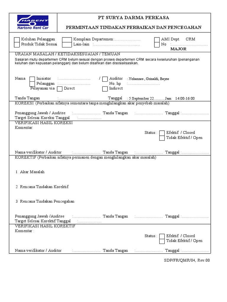 SDP-FR-MR-07 Permintaan Tindakan Perbaikan Dan Pencegahan - Audit CRM | PDF