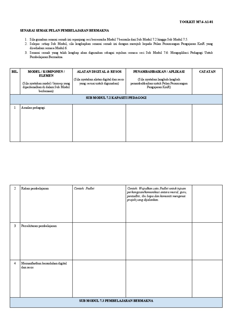 Toolkit M7.6-A1-01 - Senarai Semak Pelan Pembelajaran Bermakna | PDF