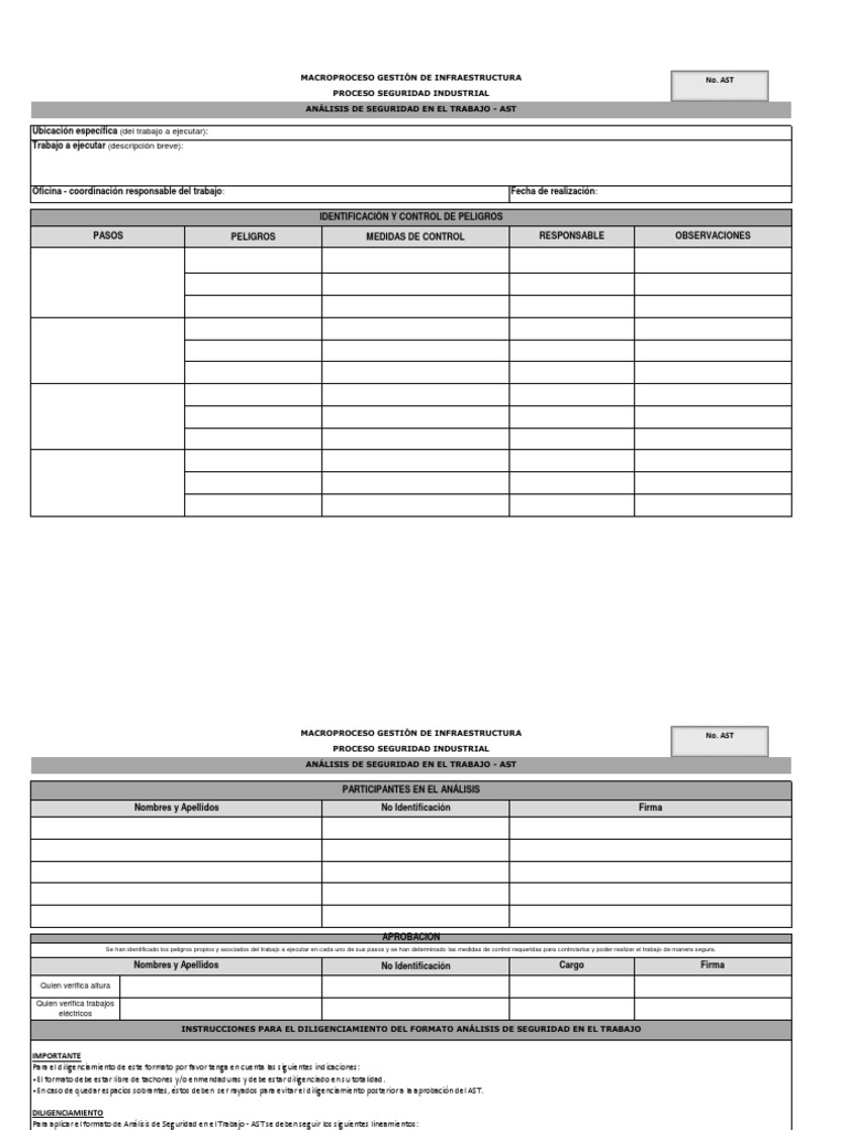 Formato Análisis de Seguridad en El Trabajo - AST | PDF