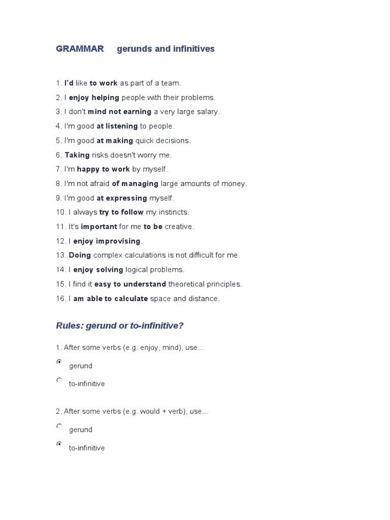01 - Grammar - Gerunds and Infinitives | PDF | Verb | Linguistic Morphology