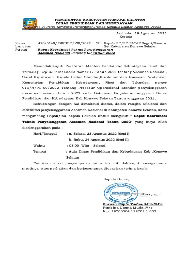 Surat RAKOR AN SD 2022 Ok | PDF