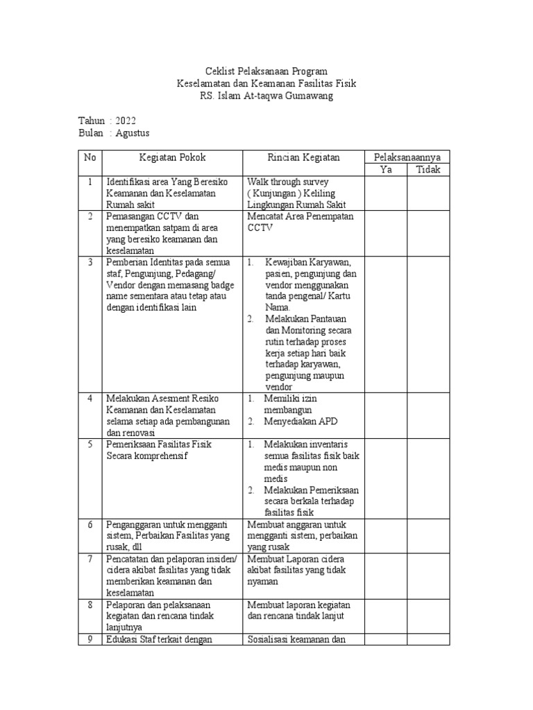 Ceklist Pelaksanaan Program | PDF