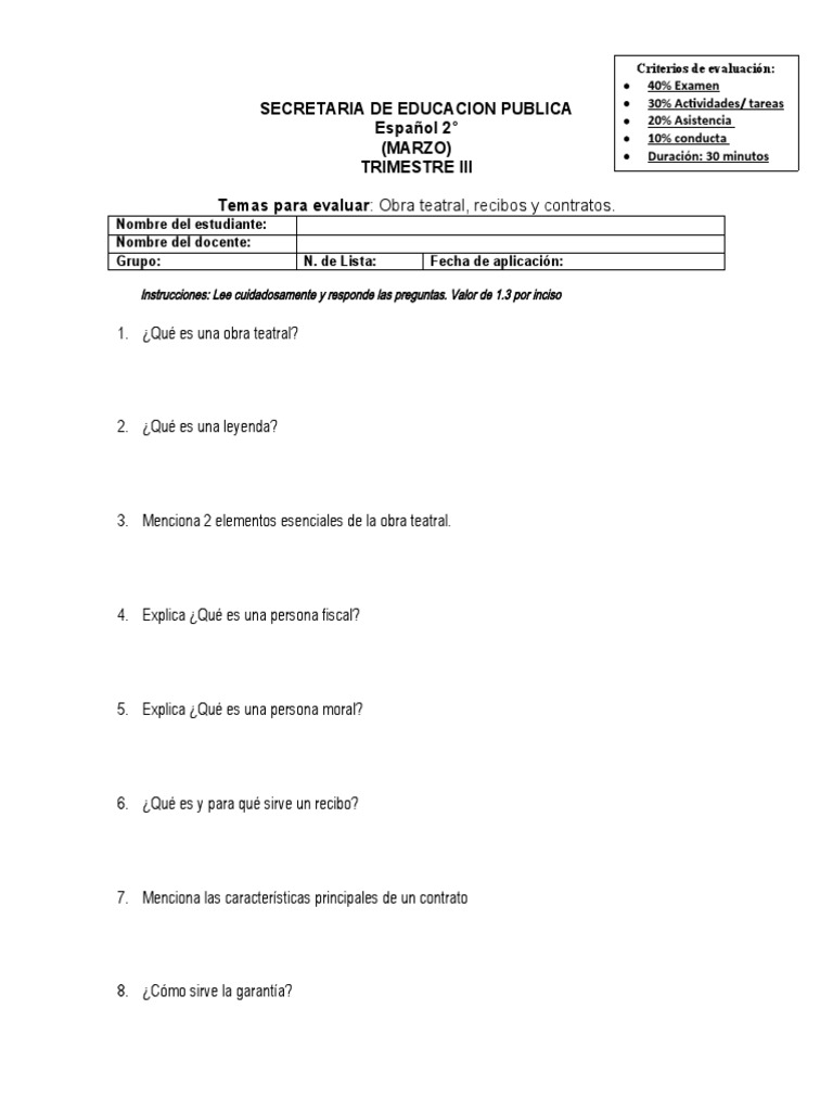 Examen Español 2do. | PDF