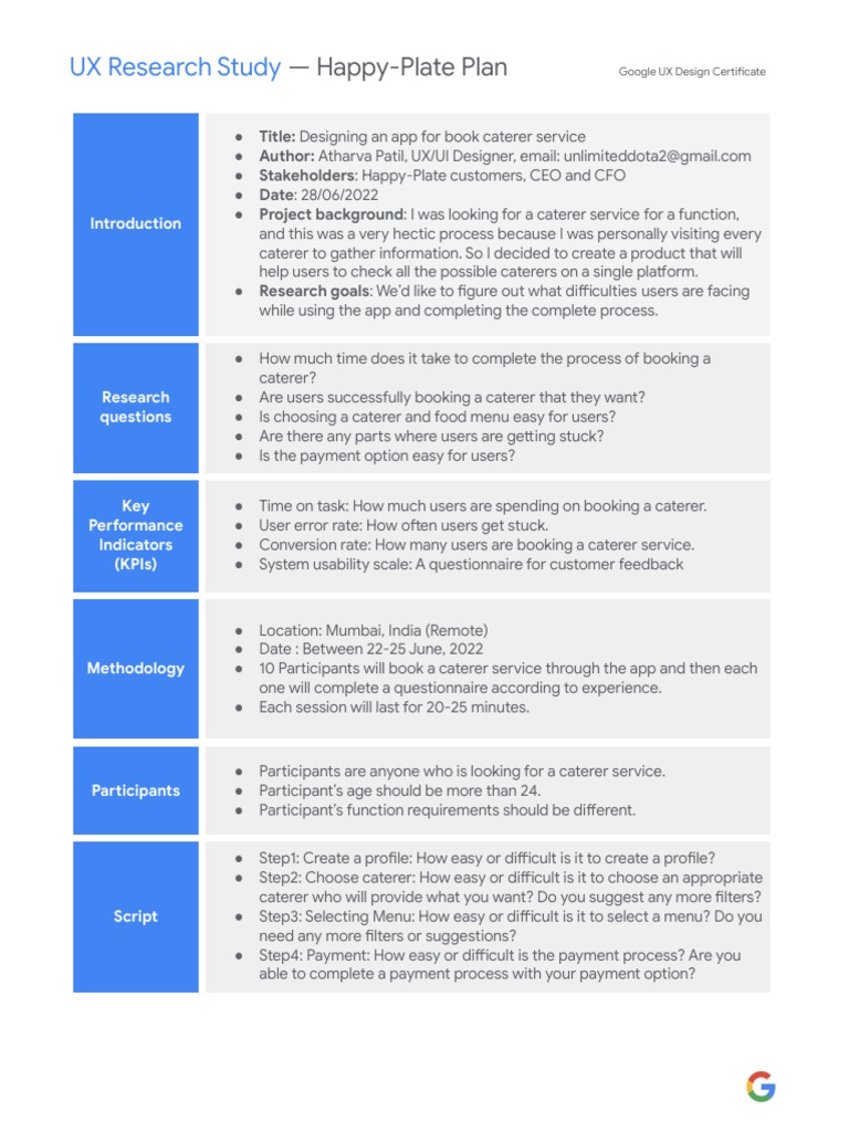 Happy Plate UX Research Study Plan | PDF | User Experience | Software
