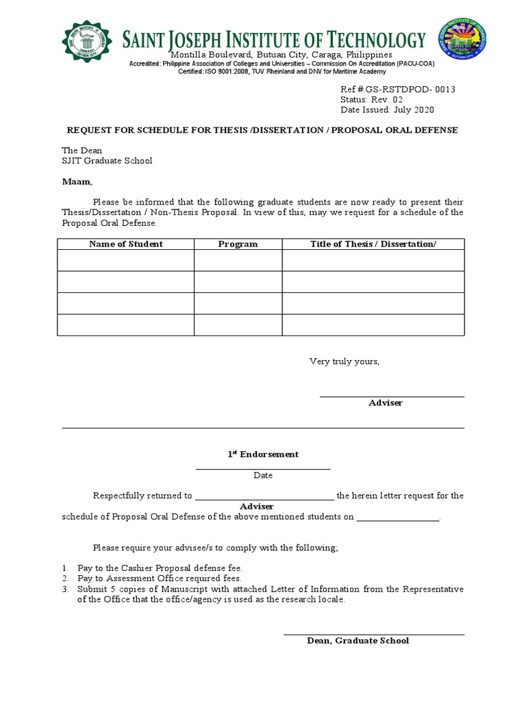 Request For Oral Defense Thesis Dissertation Propossal Final July 2020 1 | PDF | Thesis | Academia