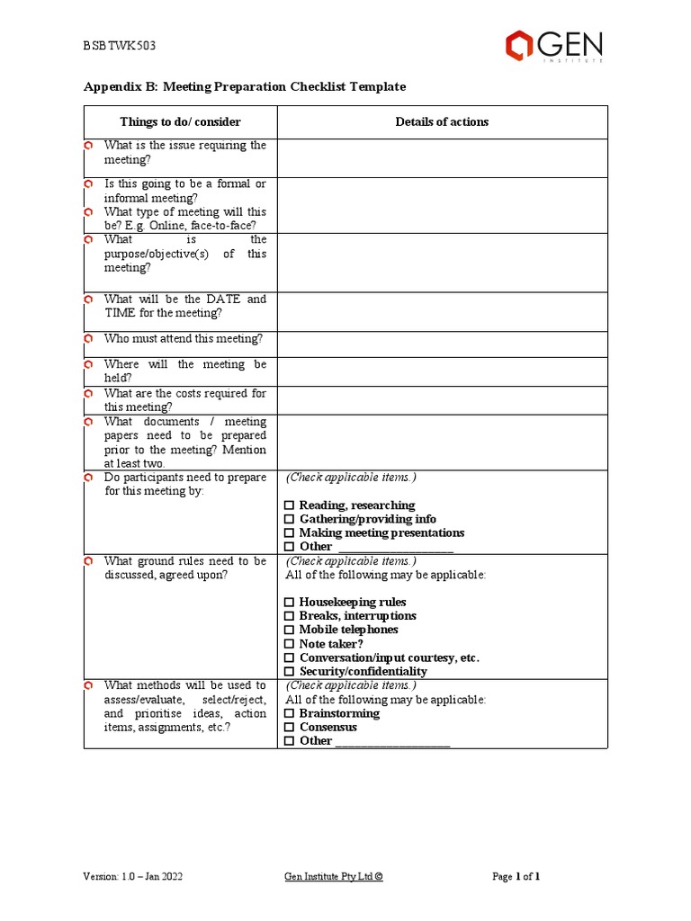6 - BSBTWK503 Appendix B - Meeting Preparation Checklist Template | PDF