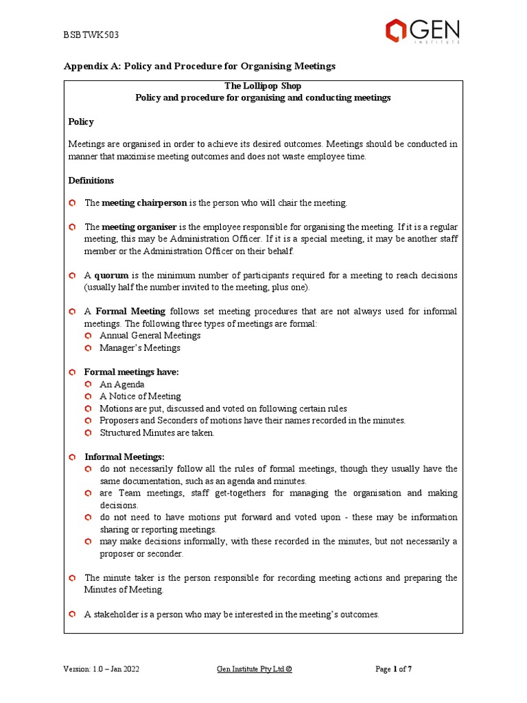 6 - BSBTWK503 Appendix A - Policy and Procedure For Organising Meetings ...