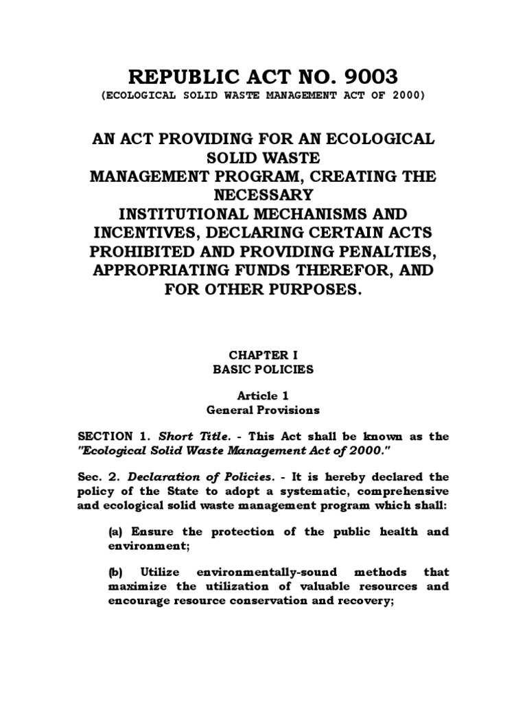 Republic Act No. 9003 | PDF | Waste Management | Municipal Solid Waste