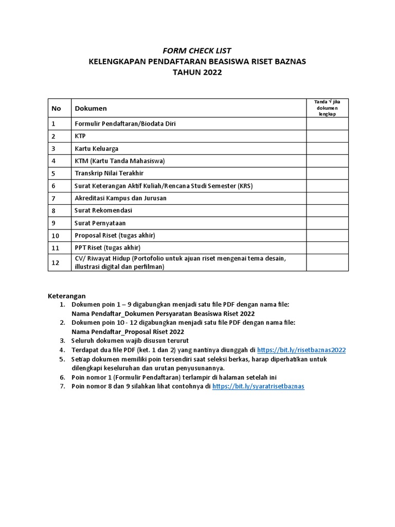 Formulir Pendaftaran Beasiswa Riset BAZNAS 2 | PDF