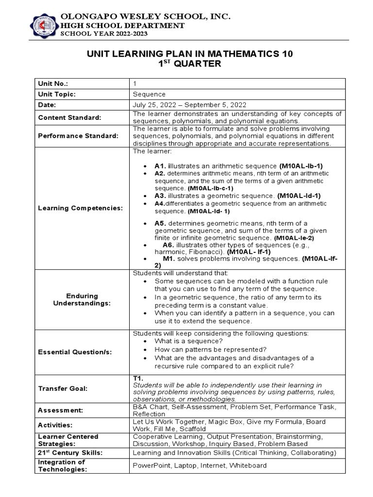 Mathematics 10 1st Quarter Learning Plan | PDF | Sequence | Learning