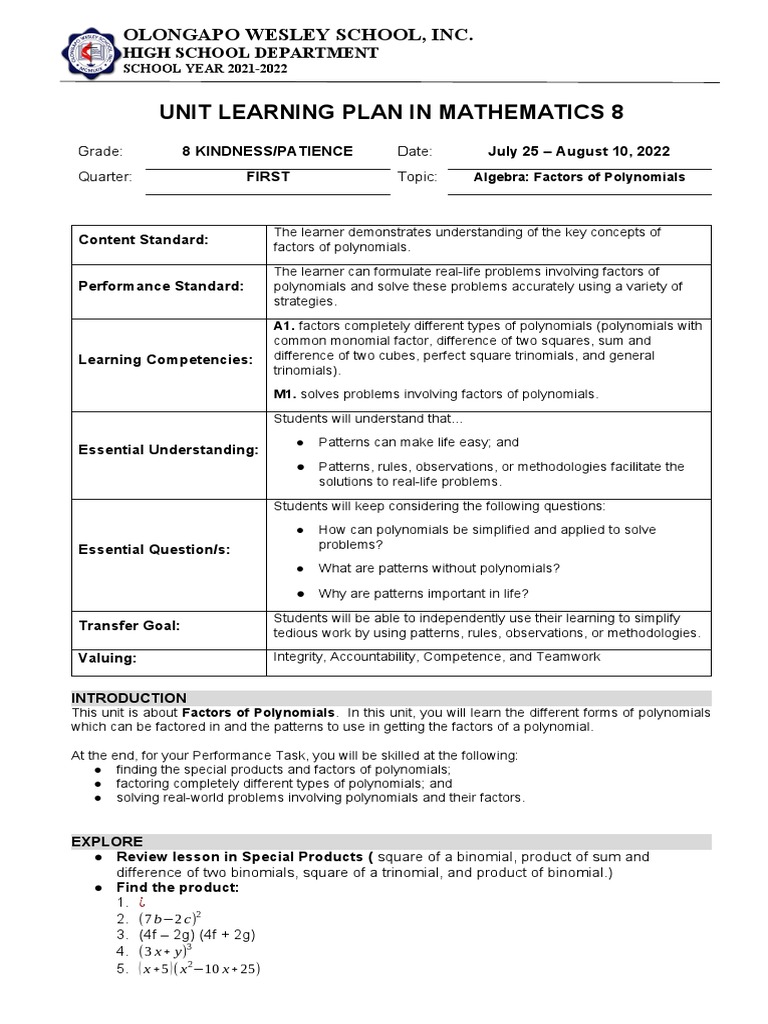 Mathematics 8 1st Quarter | PDF | Factorization | Learning