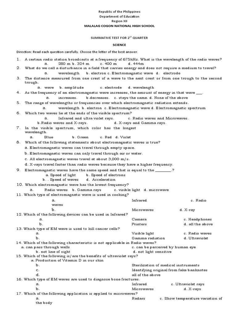 Electromagnetic Waves Summative Test | PDF | Electromagnetic Radiation ...