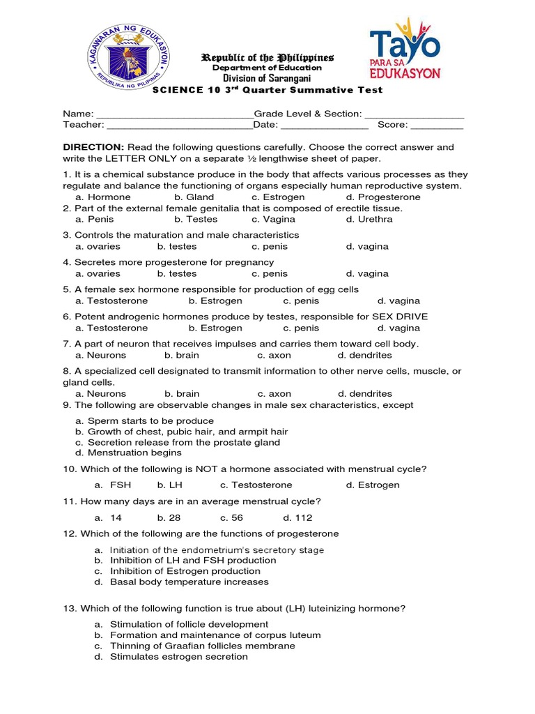 Reproductive and Nervous System Summative Test: Answers and ...