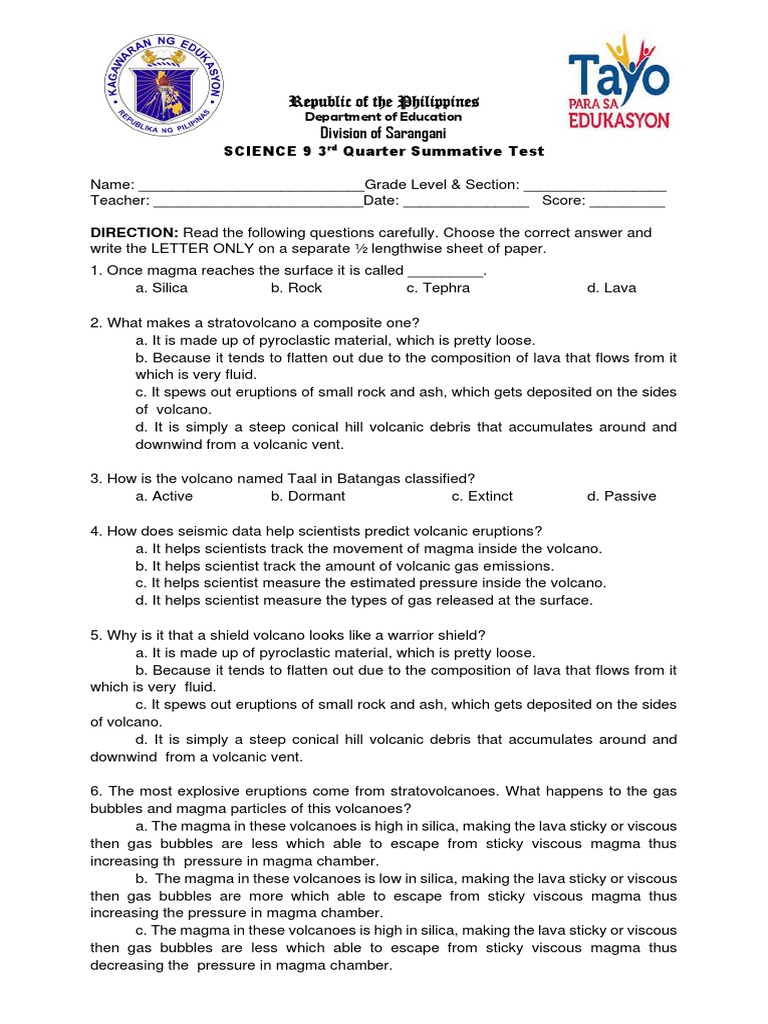 Philippines Science 9 Summative Test | PDF | Volcano | Lava
