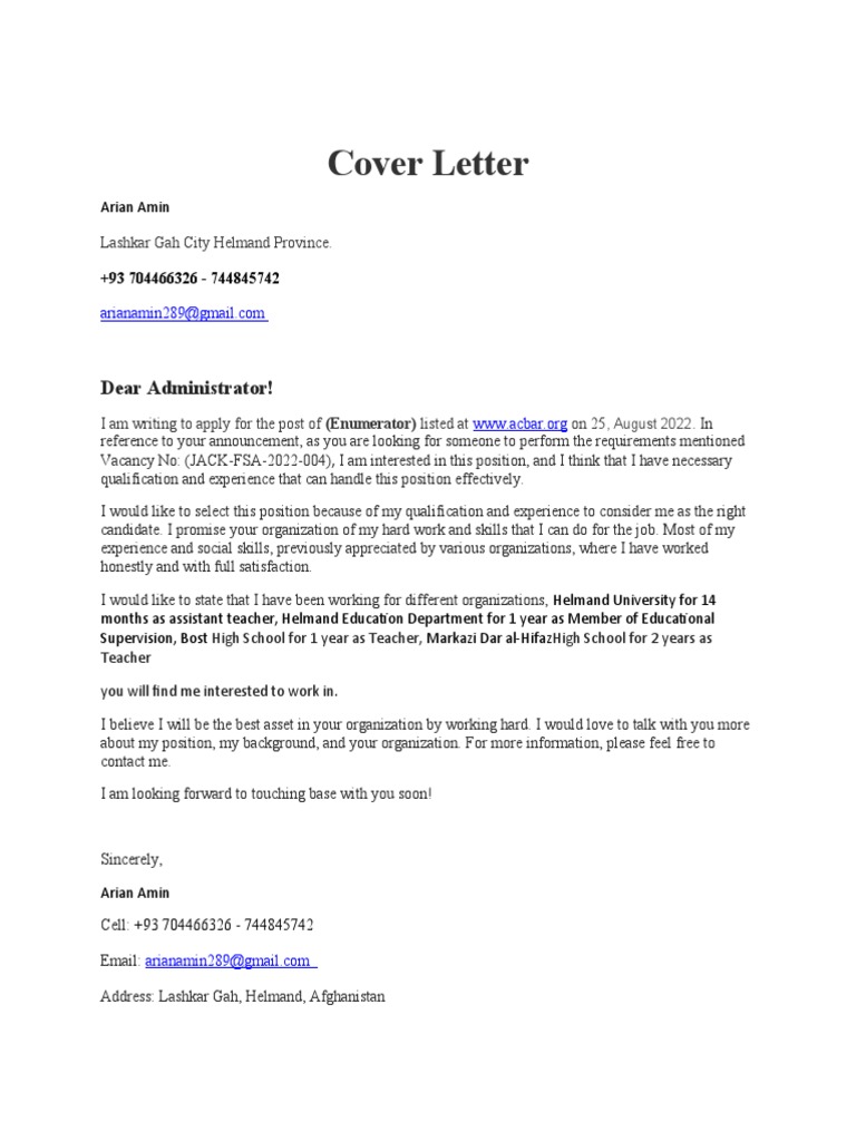 Cover Letter of Enumerator | PDF