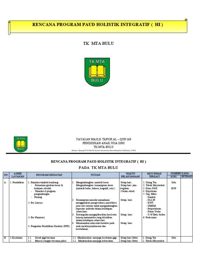 Rencana Program Paud Hi TK Mta Bulu | PDF