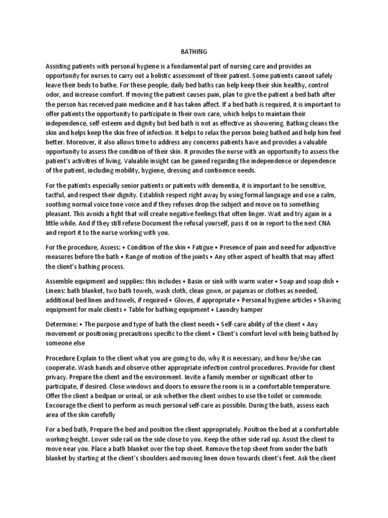 Nursing Bed Bath Guide | PDF | Hygiene | Bathing