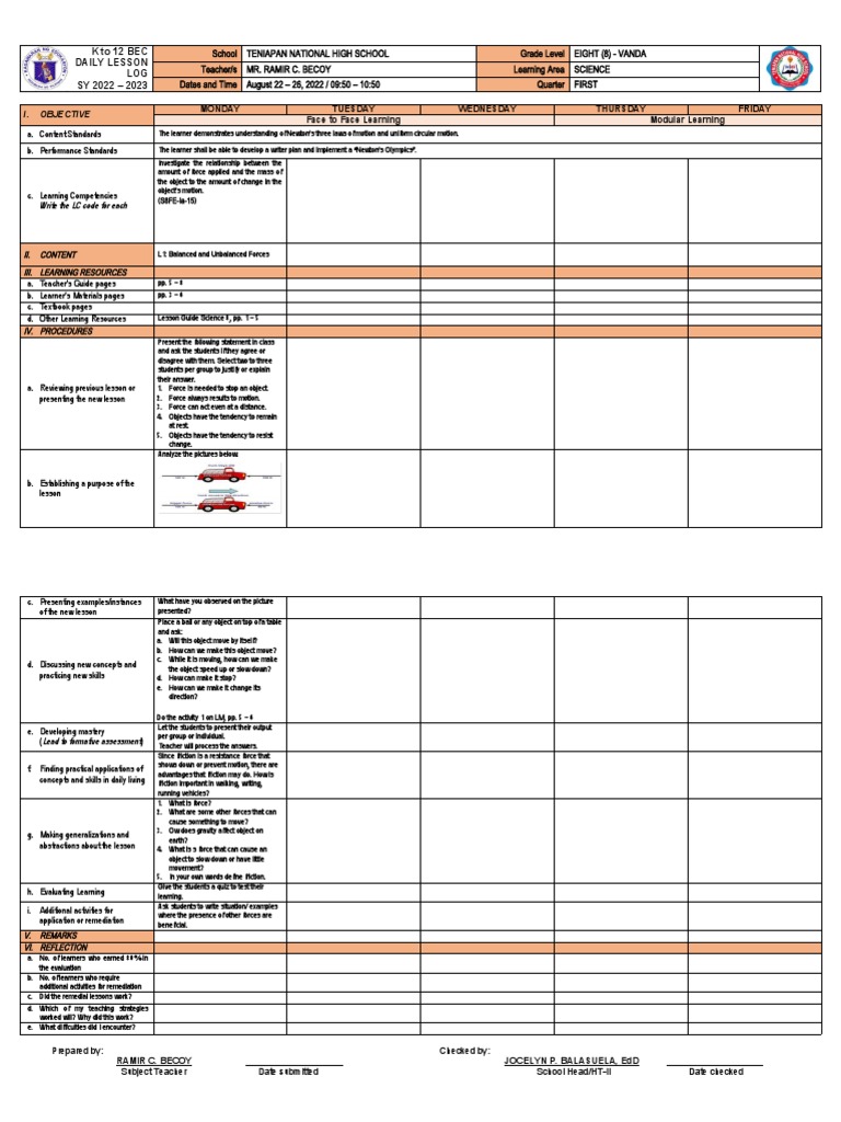 Q1 - DLL - Science 8 | PDF | Force | Learning