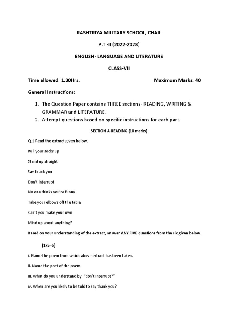 PT-2 English Class VII | PDF | Florence Nightingale