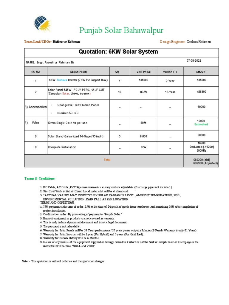 Punjab Solar Bahawalpur: Quotation: 6KW Solar System | PDF | Solar ...