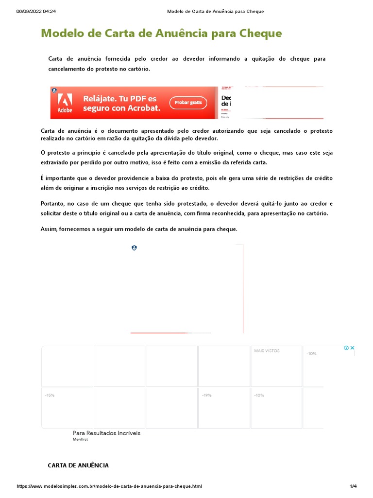 Modelo de Carta de Anuência para Cheque | PDF | Cheque (banco) | Crédito