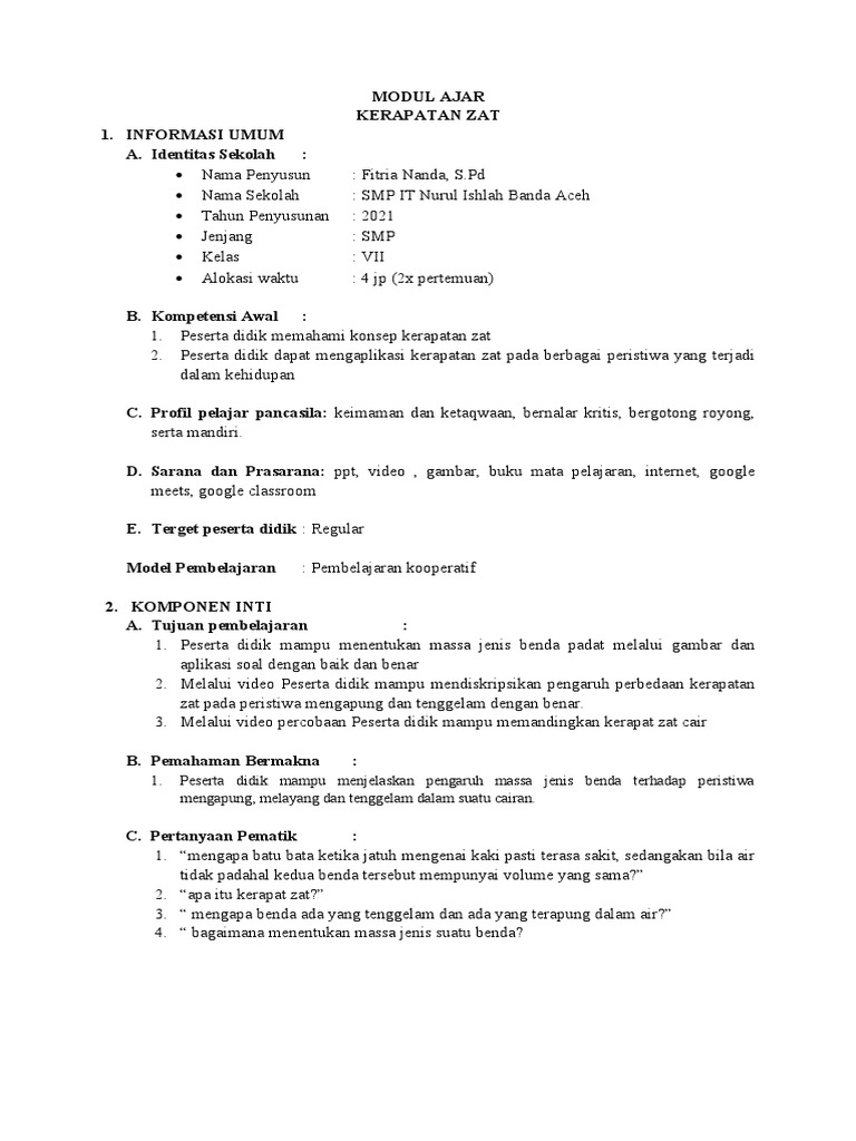 Modul Ajar Kerapatan Zat | PDF