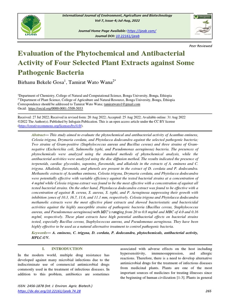 Evaluation of The Phytochemical and Antibacterial Activity of Four Selected Plant Extracts ...