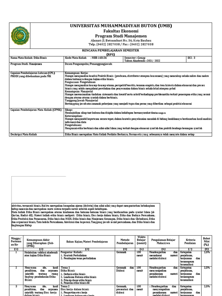 RPS Etika Bisnis UMB | PDF | Karier & Perkembangan | Seni