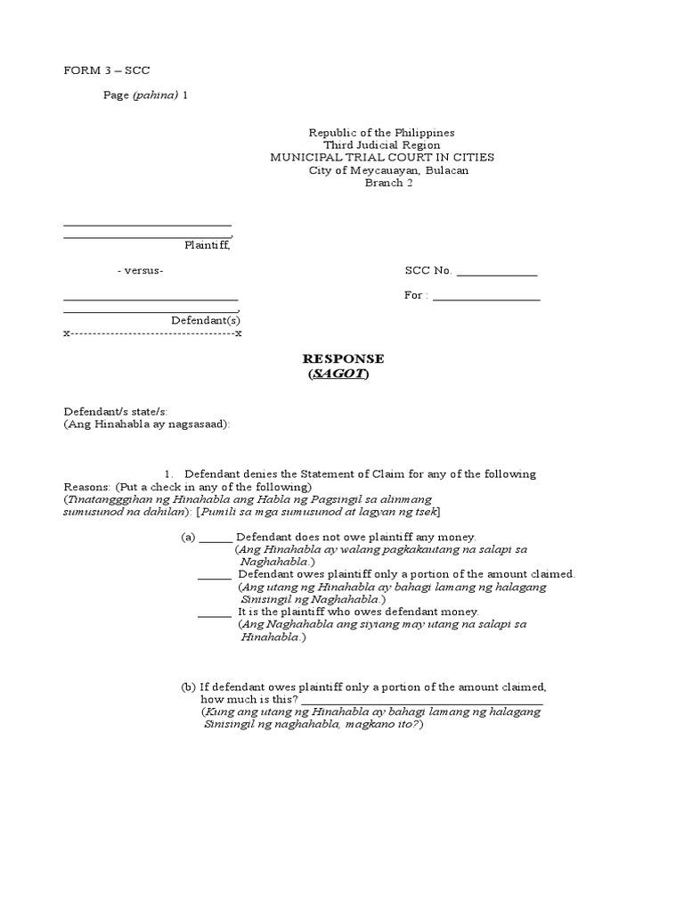FORM 3 - RESPONSE - Small Claims Cases | PDF