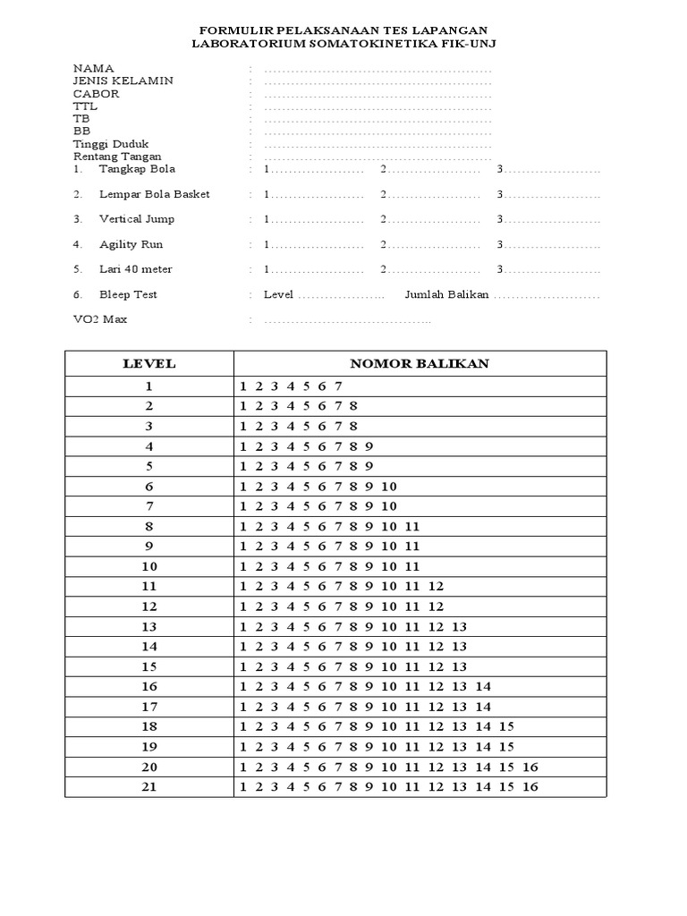 Form Bleep Test | PDF