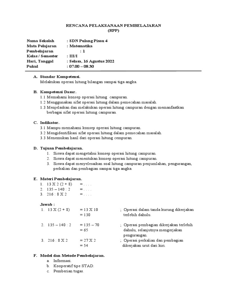 RPP Kelas 3 Matematika Kelas 3 SD | PDF